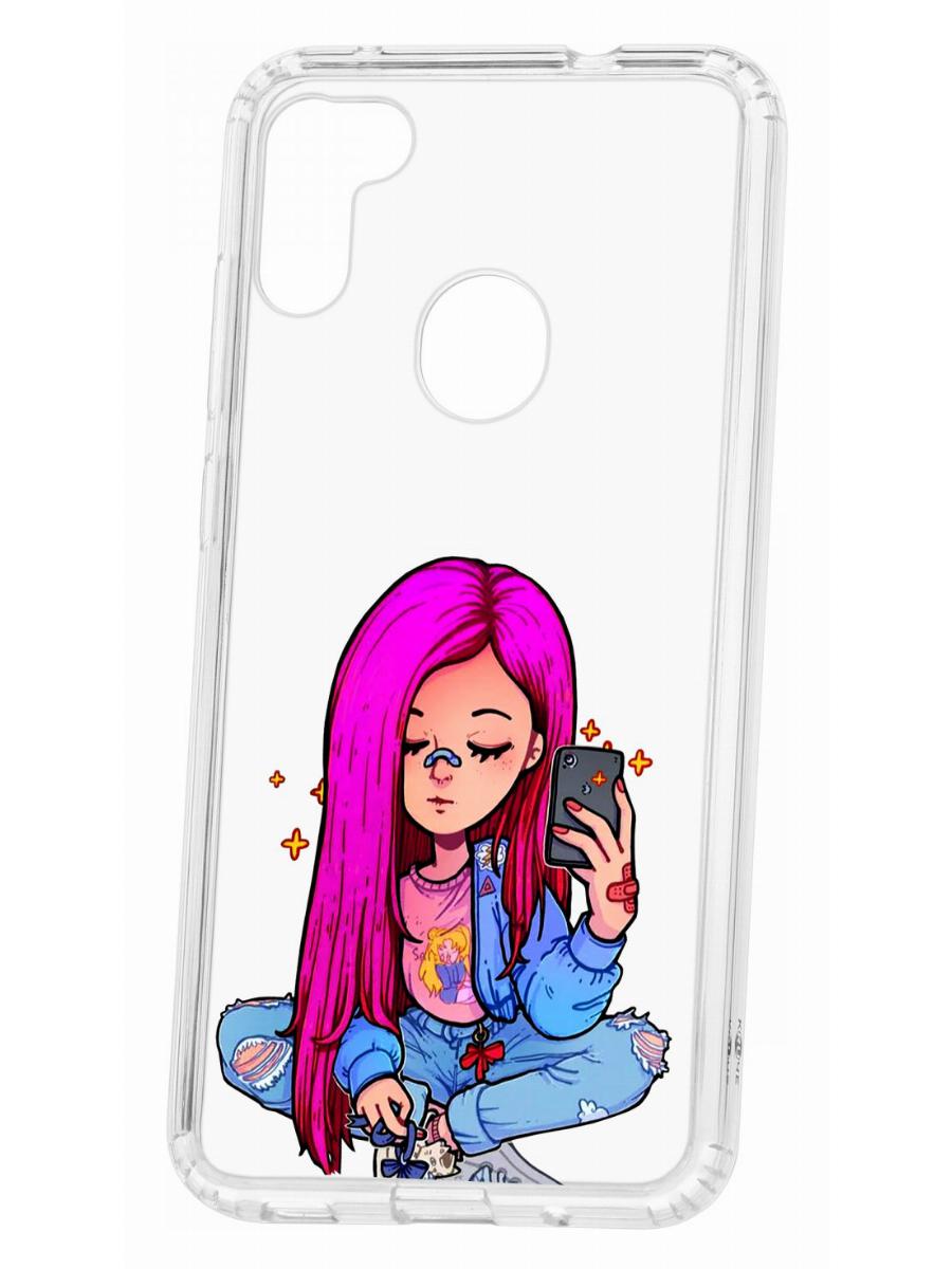 Чехол на Samsung M11, A11 Kruche Print Pink Hair,противоударный бампер,с защитой камеры