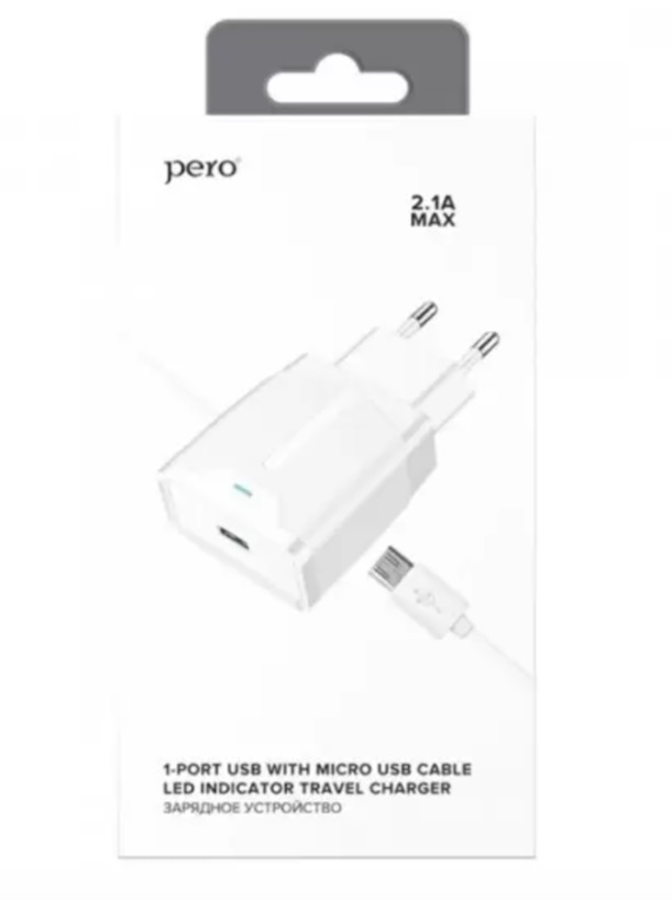 Сетевое зарядное устройство Pero TC04 1USB 2.1A+MICRO-USB CABLE White(ТС04W2AMU)