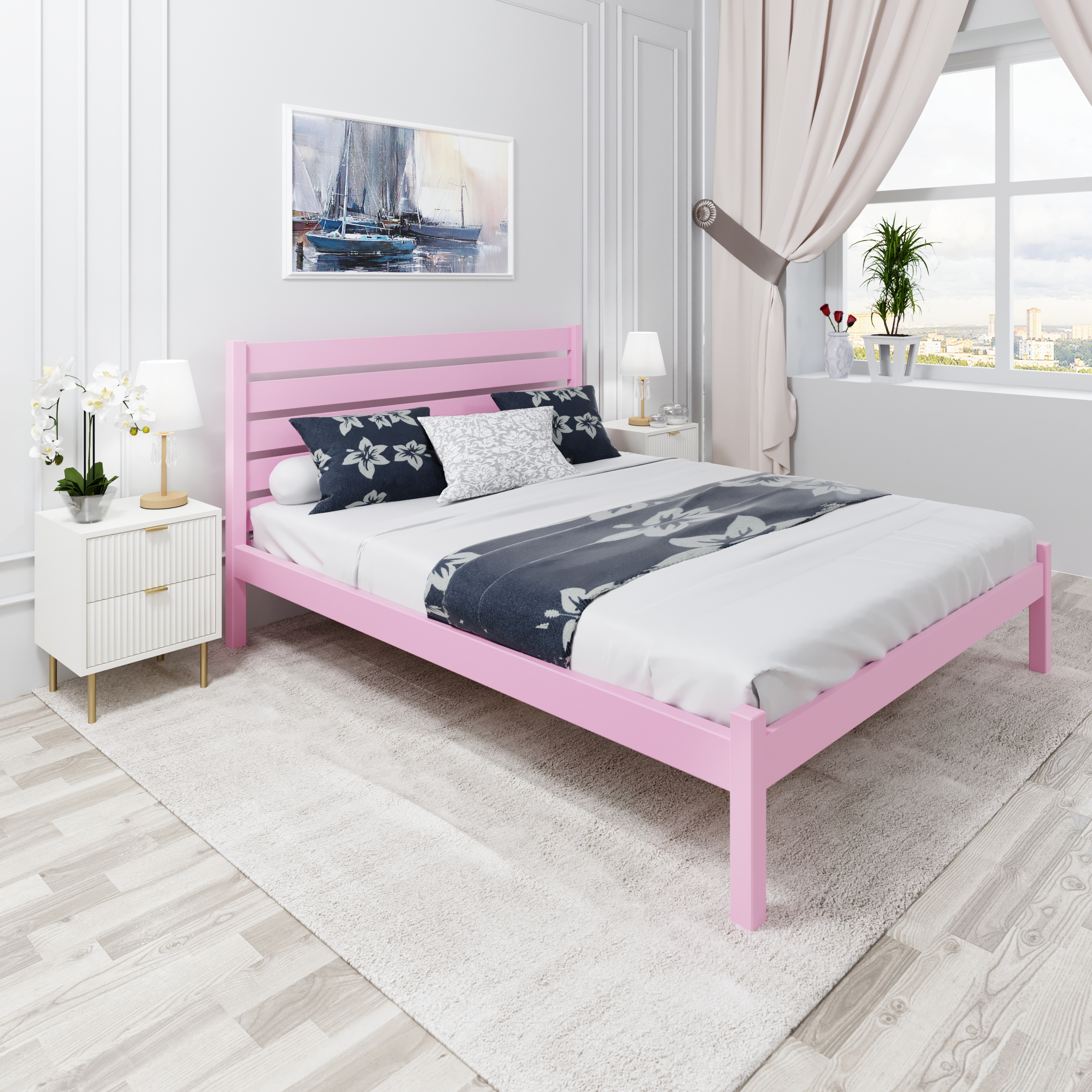 Кровать Solarius Классика высокая спинка сплошное основание 200х180, цвет розовый