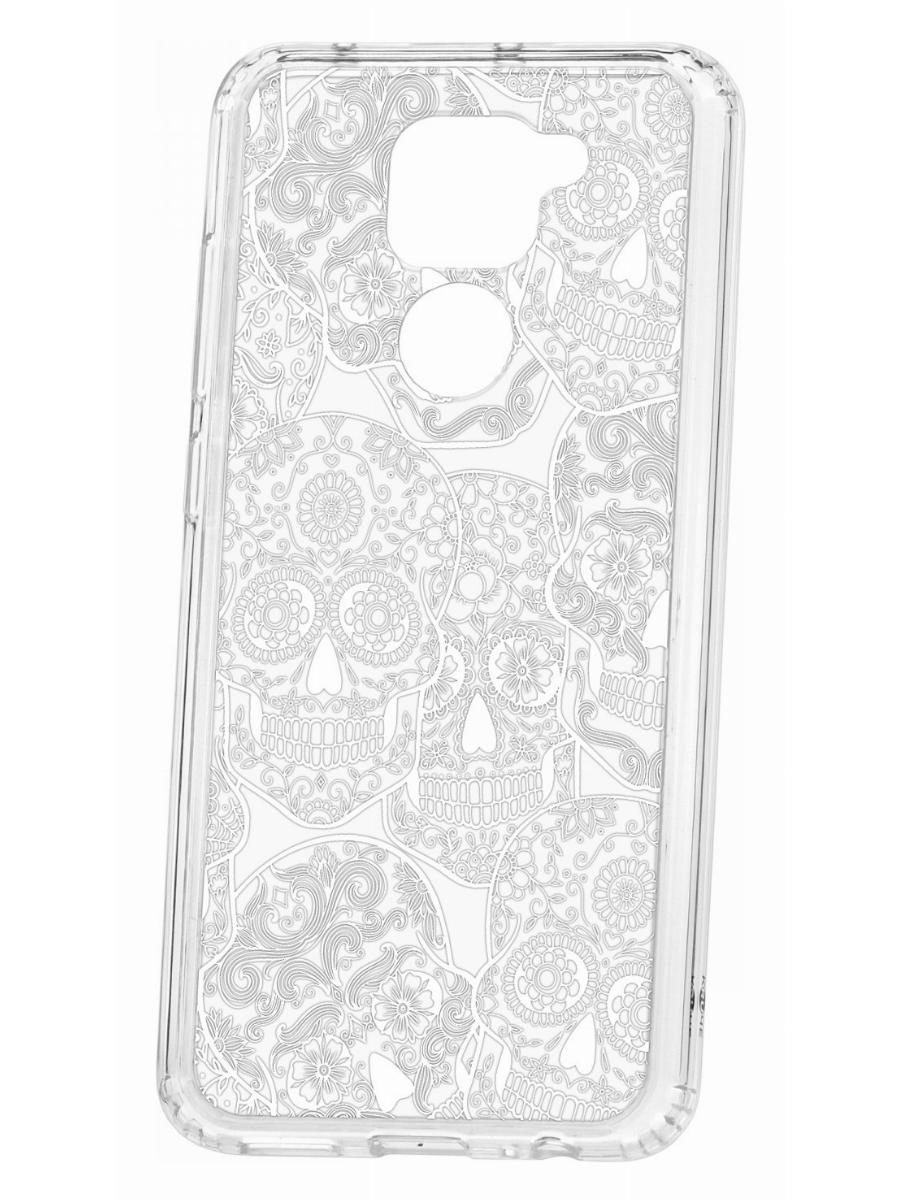 Чехол на Redmi Note 9 Kruche Print Skull White,противоударный бампер,с защитой камеры