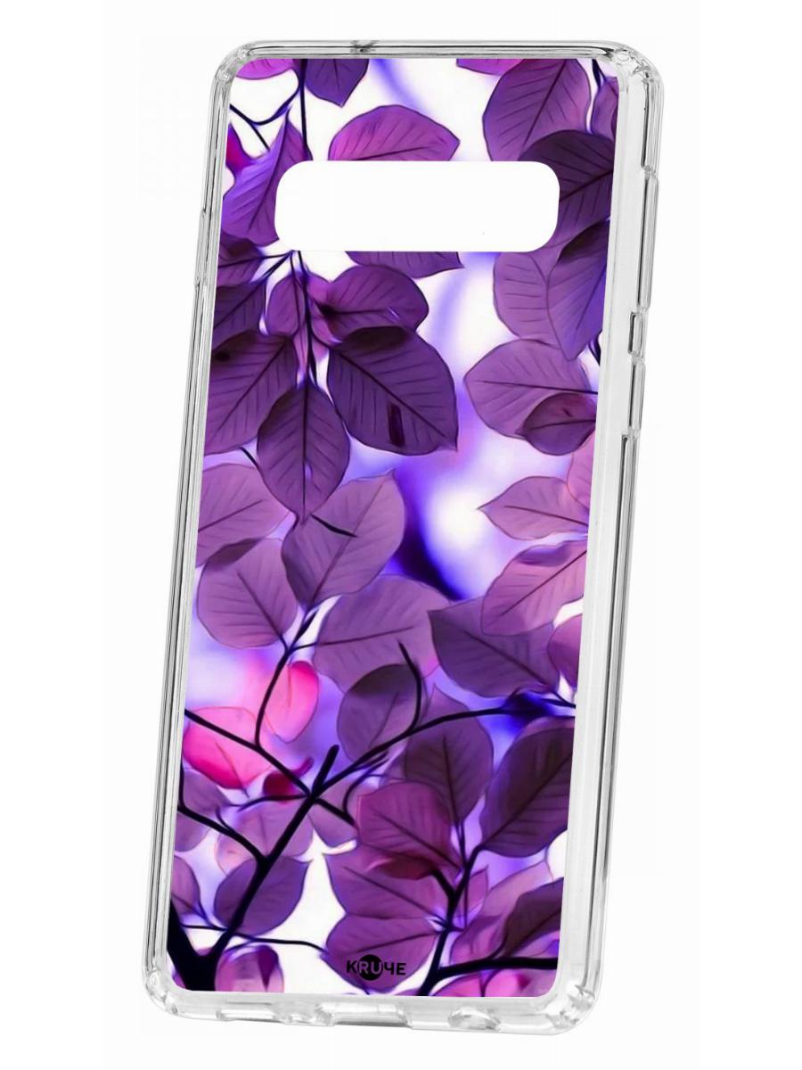 Чехол на Samsung S10 Kruche Print Purple leaves,противоударный бампер,с защитой камеры