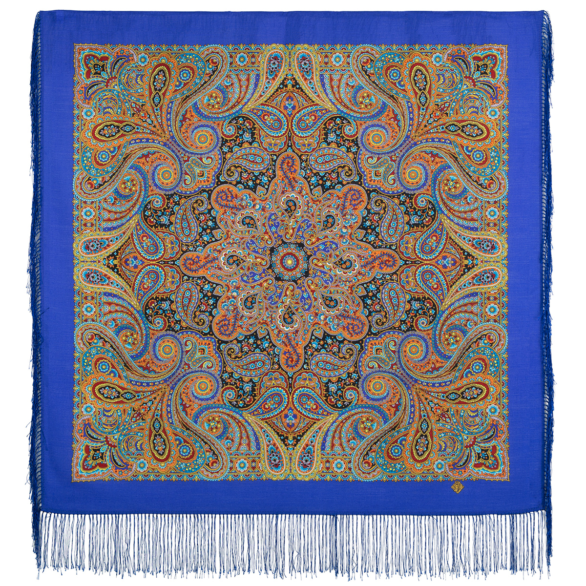Платок женский Павловопосадский платок 1836 синий/оранжевый, 89x89 см