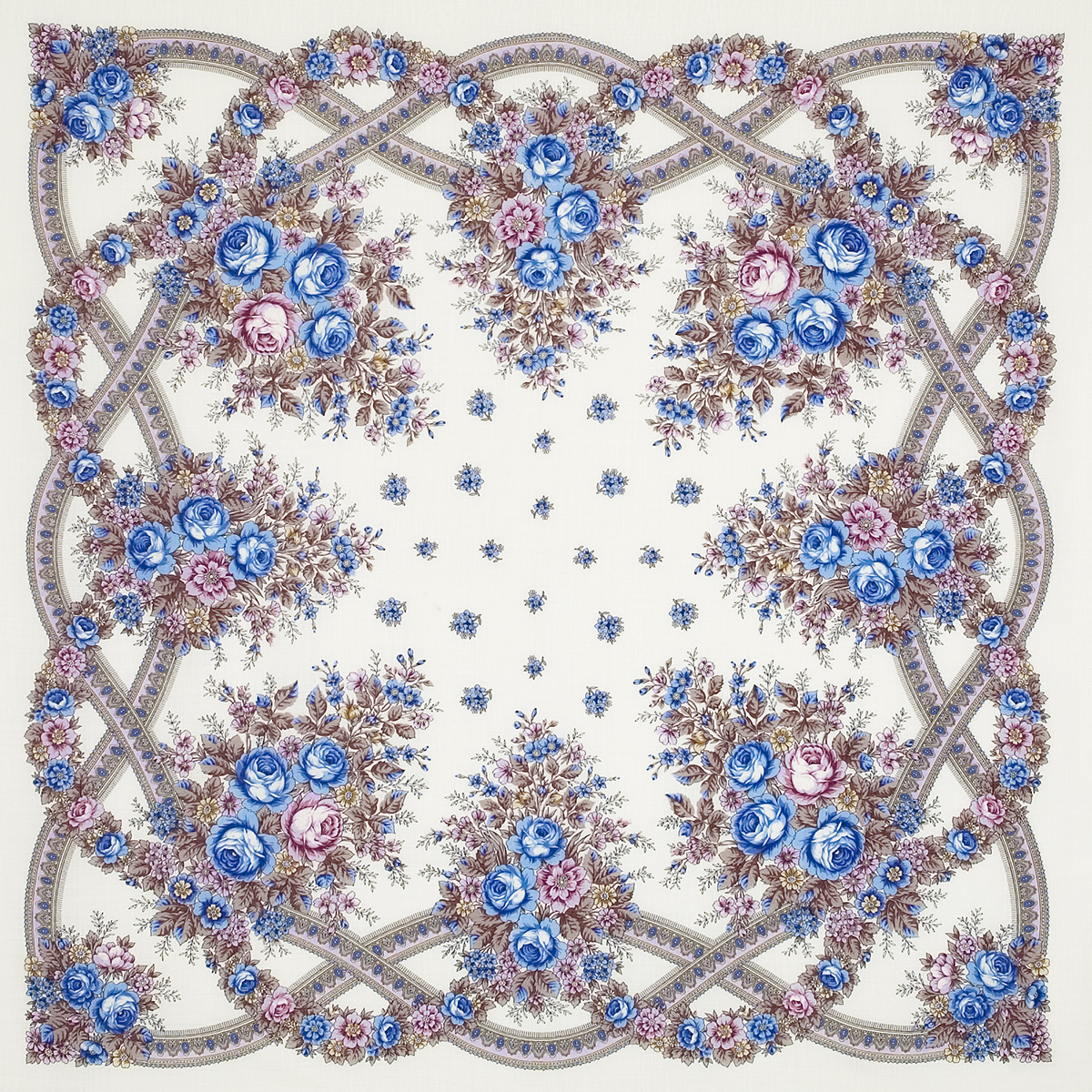 Платок женский Павловопосадский платок 1432 бежевый/синий/розовый, 146х146 см