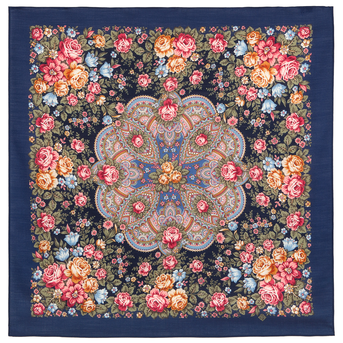 Платок женский Павловопосадский платок 1831 зеленый/розовый/синий, 89x89 см