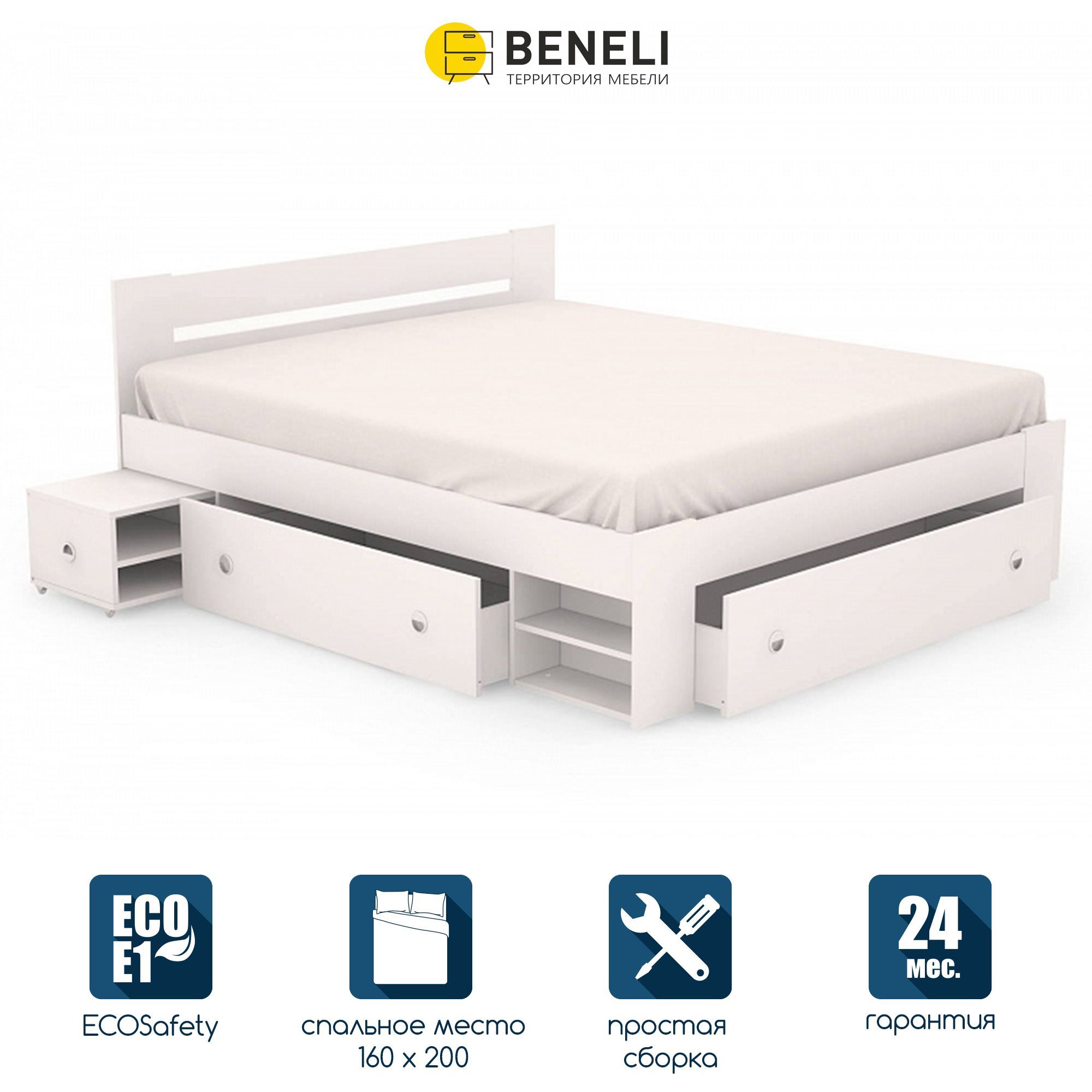 Двуспальная кровать Beneli Стелла, Белый, 160х200 см