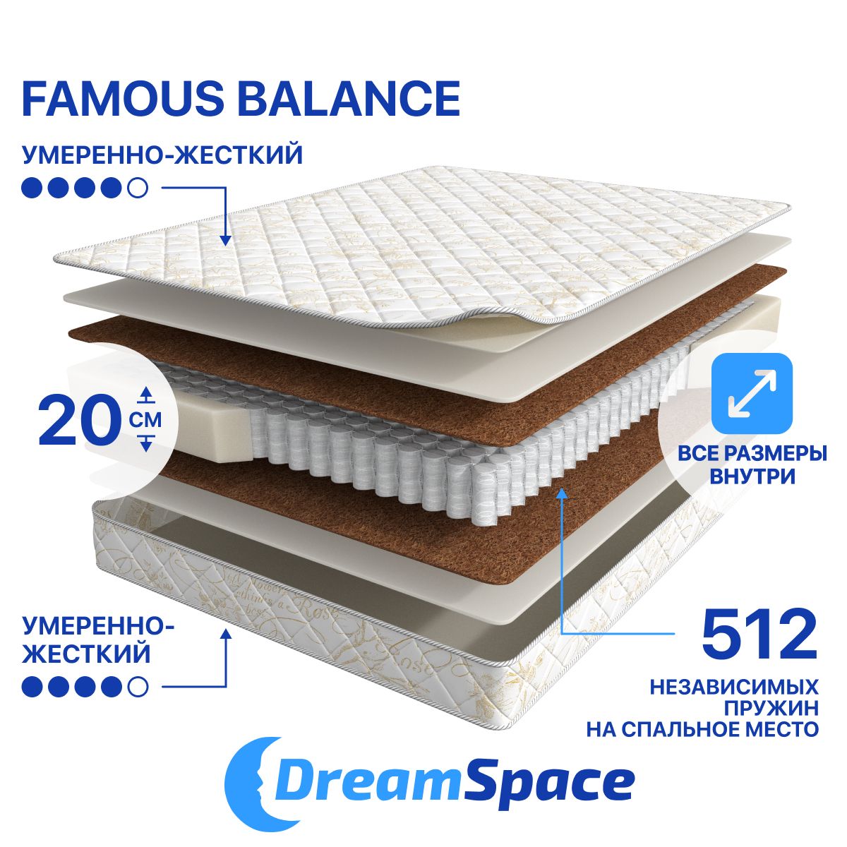 Матрас DreamSpace Famous Cloud, Независимые пружины, 70х200 см