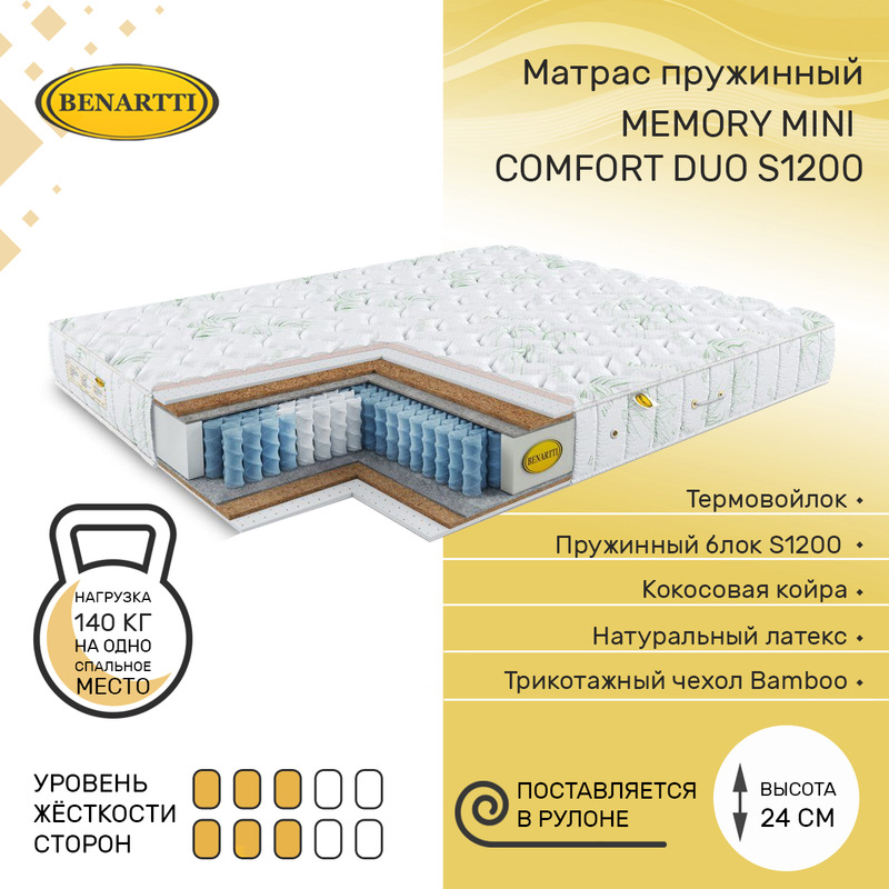 Матрас пружинный Benartti Memory Mini Comfort Duo S1200 165х185, высота 24 см