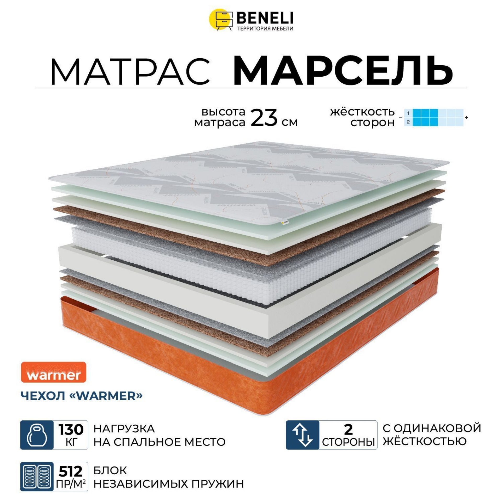 Ортопедический матрас Beneli Марсель в чехле Warmer, Независимые пружины, 160х200