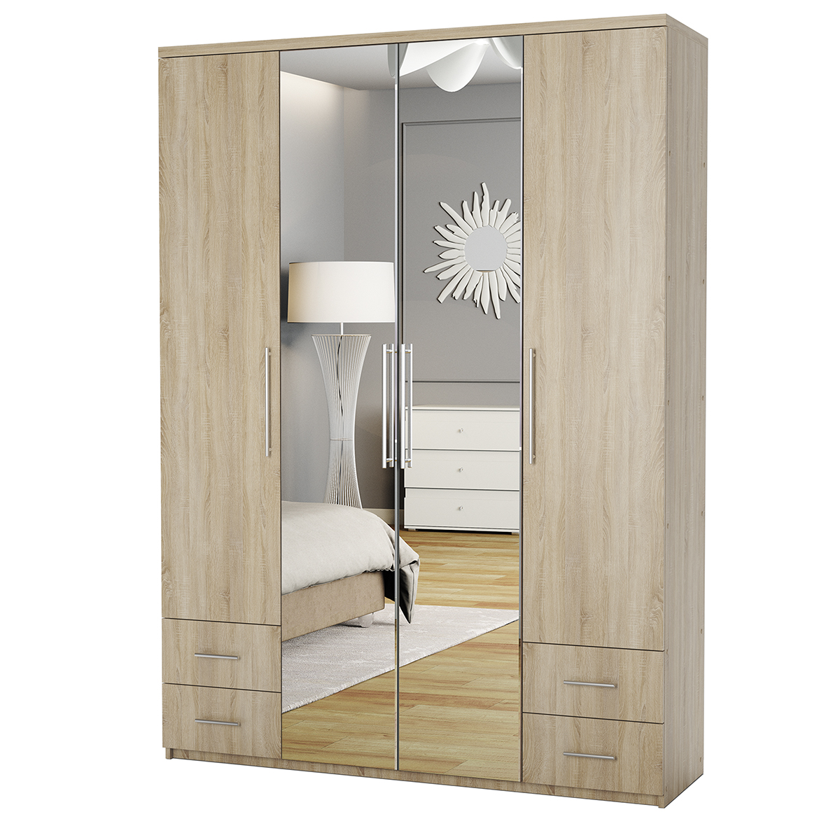 Шкаф четырехдверный Шарм-Дизайн Комфорт МКЯ2-43 200х60 с зеркалами Дуб Сонома