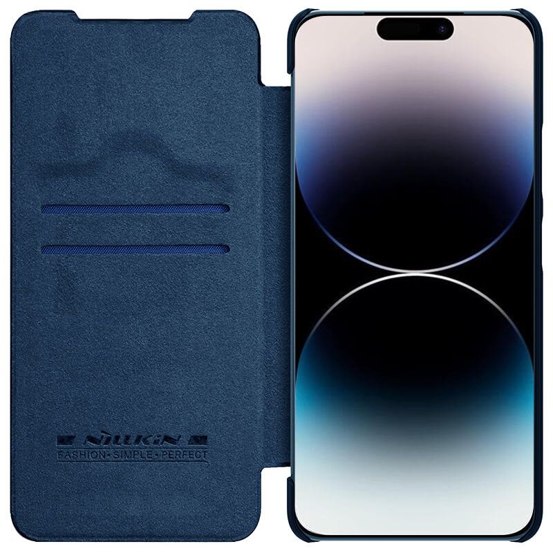 Чехол-книжка Nillkin Leather Qin Pro c защитой камеры для iPhone 14 Pro (темно-синий)