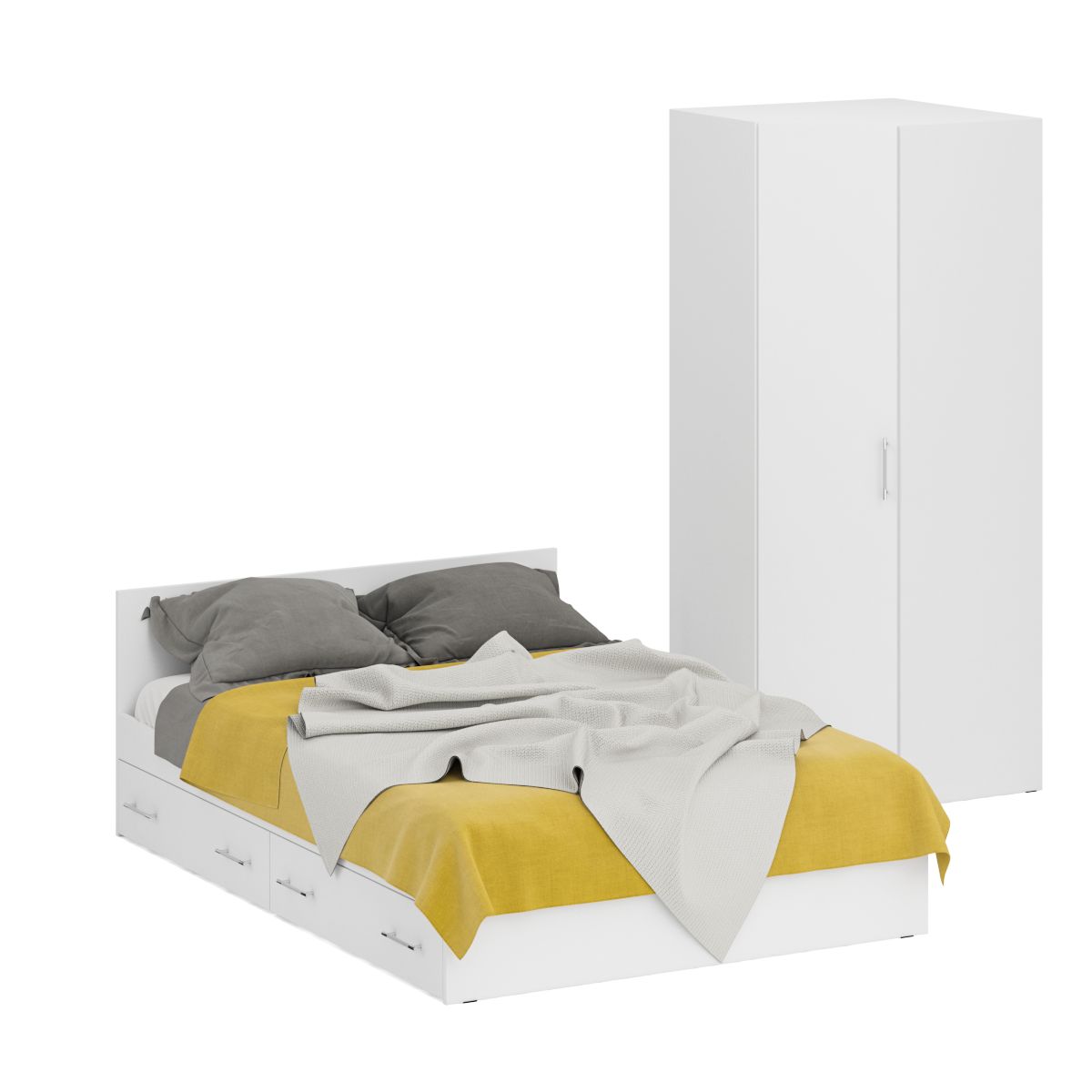 Двуспальная кровать с ящиками с угловым шкафом СВК Стандарт 1400Я+ШУ белый