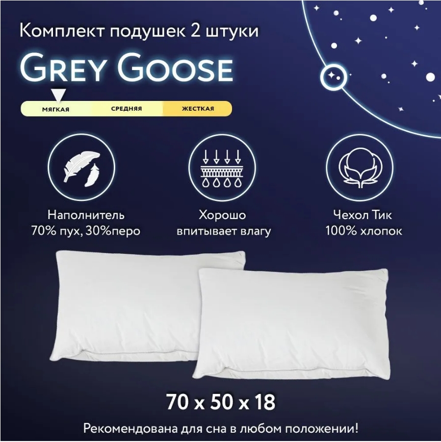 Комплект подушек Мир Матрасов Grey Goose набивная, 2 шт, 50х70