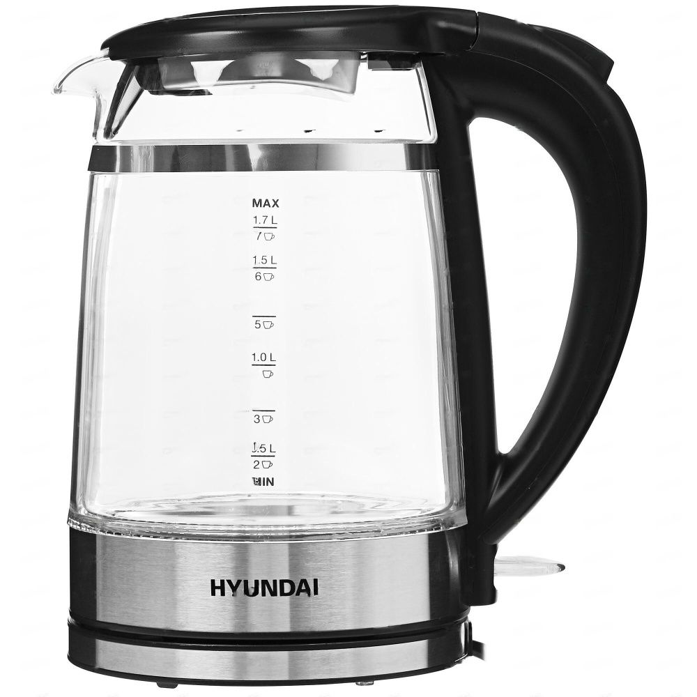 Чайник электрический HYUNDAI HYK-G3036 1.8 л прозрачный, серебристый, черный