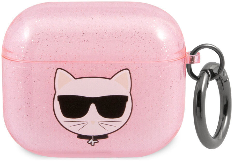 Чехол с карабином Karl Lagerfeld TPU Choupette Glitters для AirPods 3 Розовый