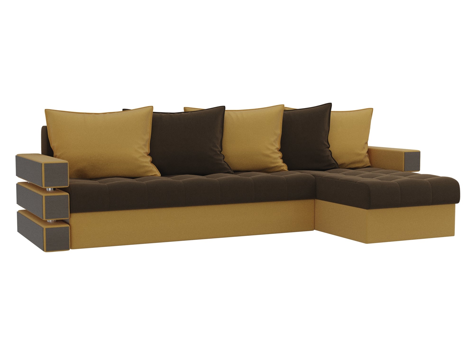 Угловой диван Венеция правый микровельвет коричневый/желтый