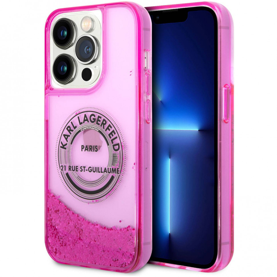 Чехол Karl Lagerfeld Liquid glitter RSG logo Hard для iPhone 14 Pro Max, Розовый
